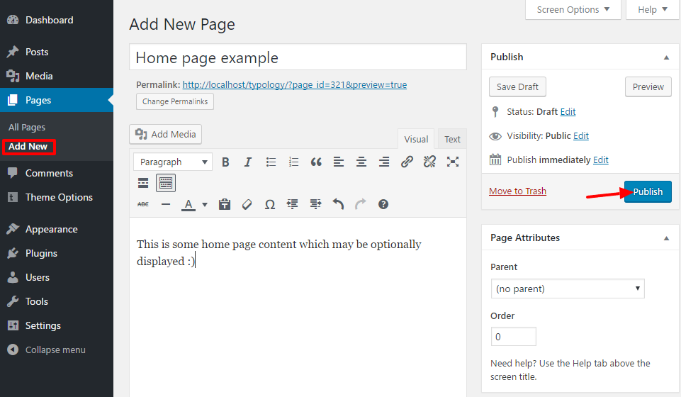 Home page setup - Typology WordPress Theme Documentation - Meks