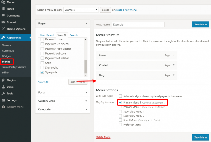 Navigation (menu setup) - Trawell WordPress Theme Documentation - Meks