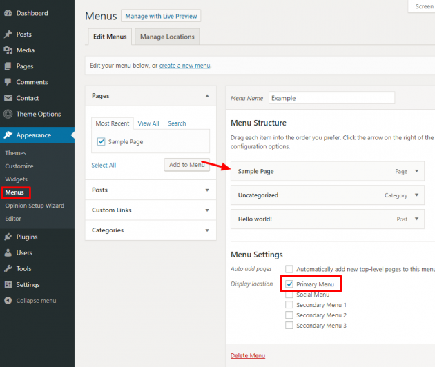Navigation (menu setup) - Opinion WordPress Theme Documentation - Meks